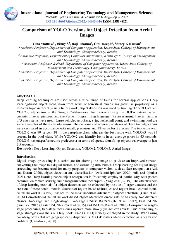 (PDF) Comparison of YOLO Versions for Object Detection from Aerial Images