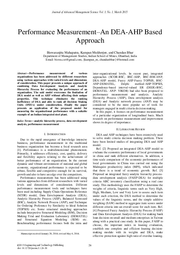 (PDF) Performance Measurement–An DEA-AHP Based Approach