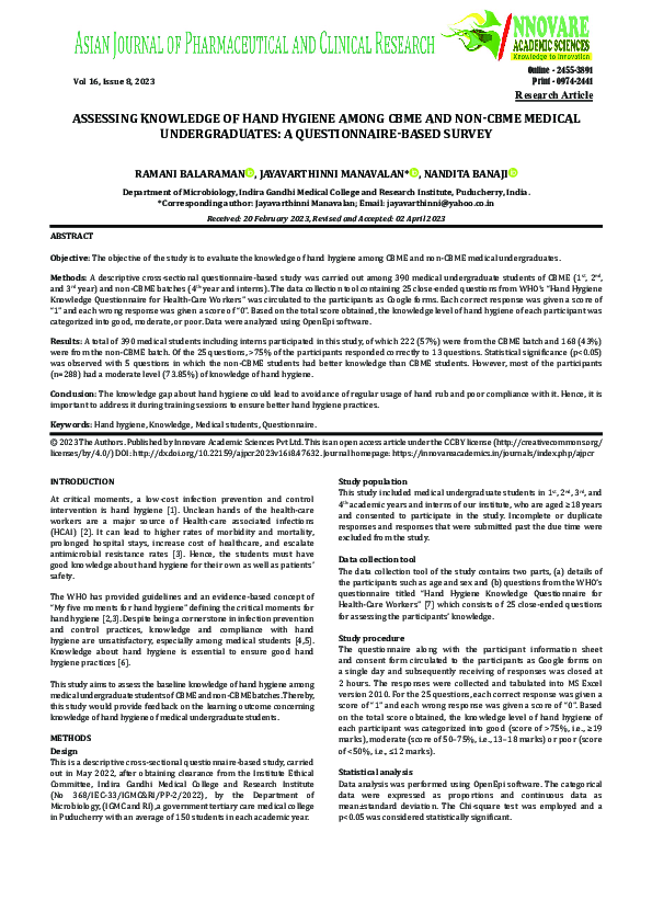 (PDF) Assessing Knowledge of Hand Hygiene Among Cbme and Non-Cbme ...