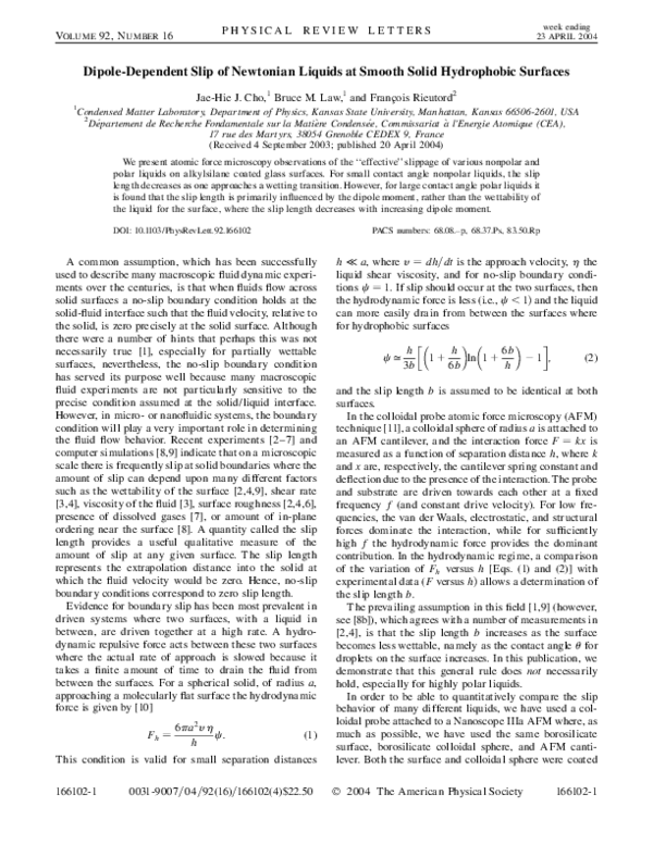(PDF) Dipole-Dependent Slip of Newtonian Liquids at Smooth Solid ...