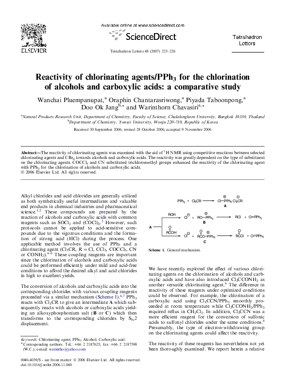 (PDF) Reactivity of chlorinating agents/PPh3 for the chlorination of ...