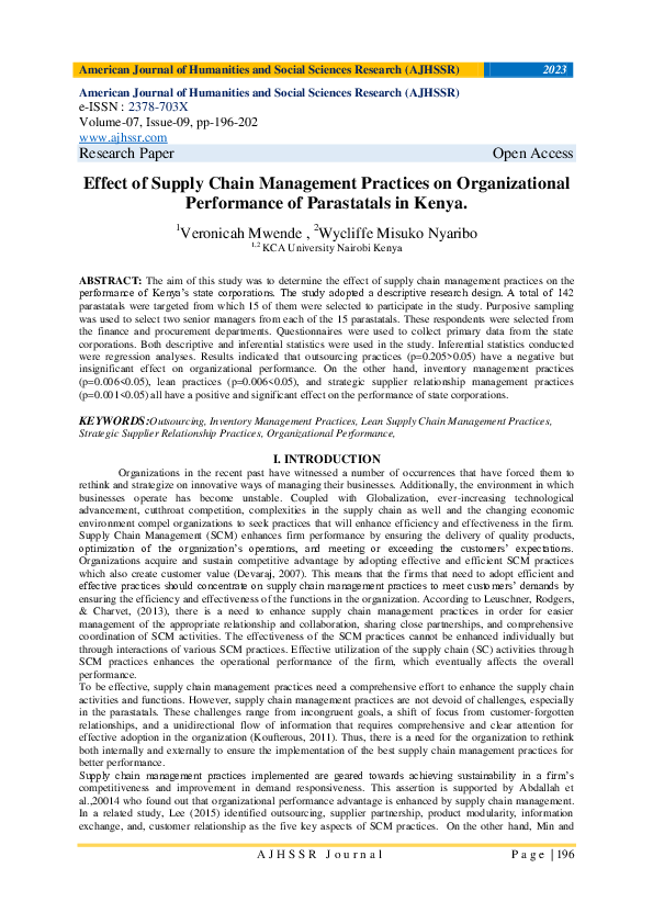 (PDF) Effect of Supply Chain Management Practices on Organizational Performance of Parastatals ...