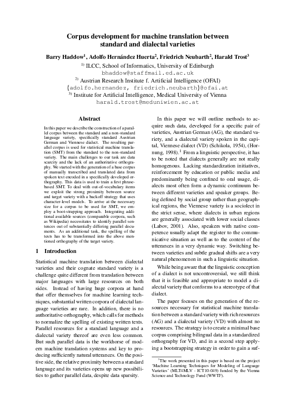 (PDF) Corpus development for machine translation between standard and ...