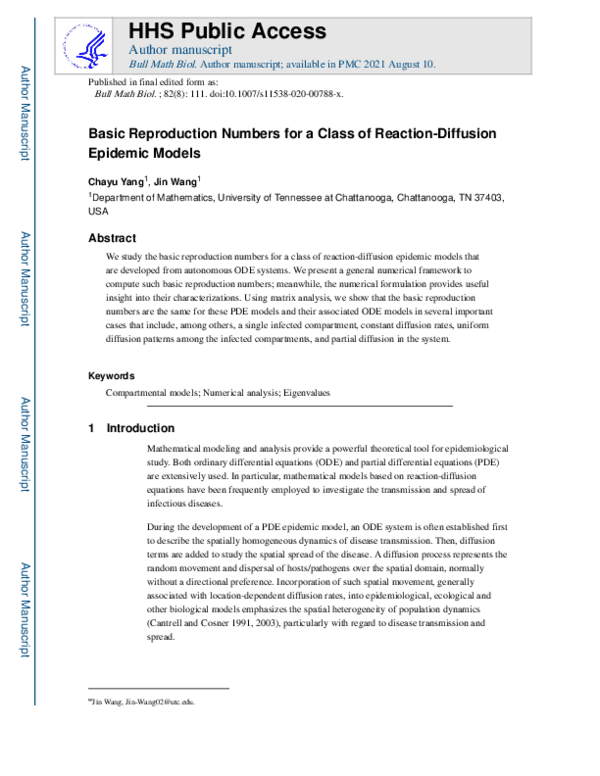 (PDF) Basic Reproduction Numbers for a Class of Reaction-Diffusion ...