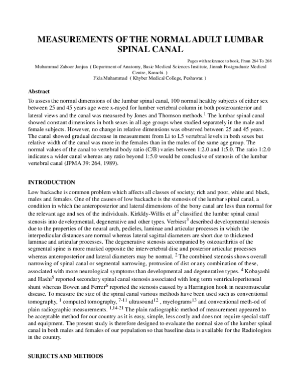 (PDF) Measurements of the normal adult lumbar spinal canal