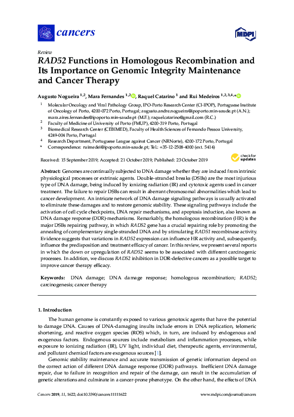 (PDF) RAD52 Functions in Homologous Recombination and Its Importance on ...