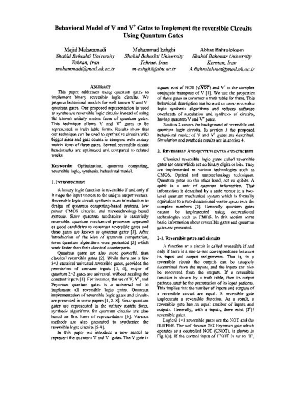 (PDF) Behavioral model of V and V+ gates to implement the reversible ...