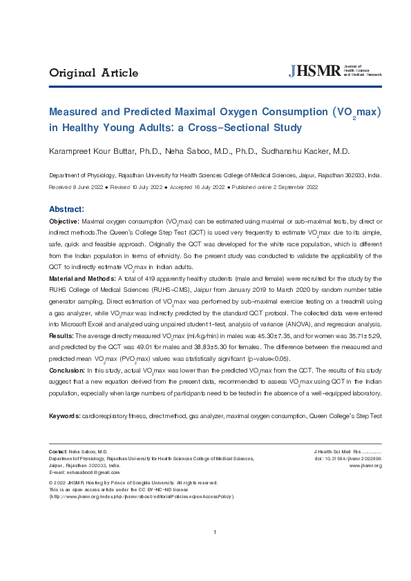 (PDF) Measured and Predicted Maximal Oxygen Consumption (VO2max) in ...