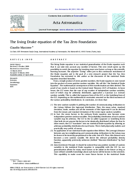 (PDF) The living Drake equation of the Tau Zero Foundation