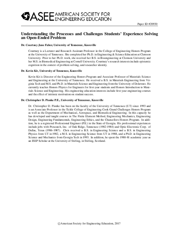 (PDF) Understanding the Processes and Challenges Students’ Experience Solving an Open-Ended Problem