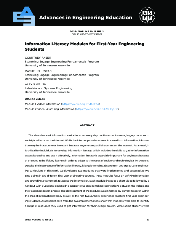 (PDF) Information Literacy Modules for First-Year Engineering Students