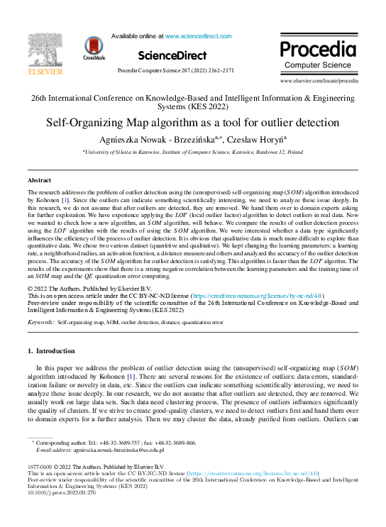 Pdf Self Organizing Map Algorithm As A Tool For Outlier Detection