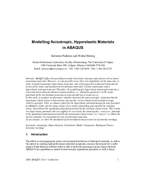 (PDF) Users ’ Conference 1 Modelling Anisotropic , Hyperelastic Materials in ABAQUS