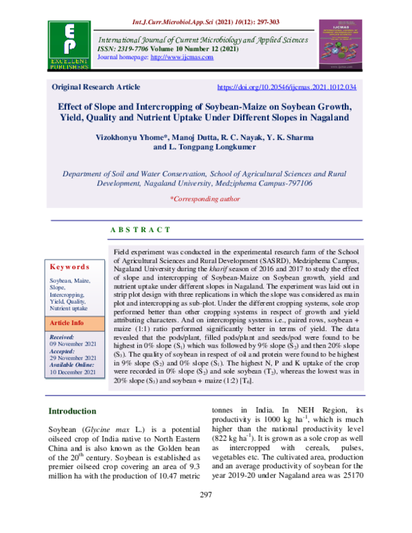 (PDF) Effect of Slope and Intercropping of Soybean-Maize on Soybean Growth, Yield, Quality and ...