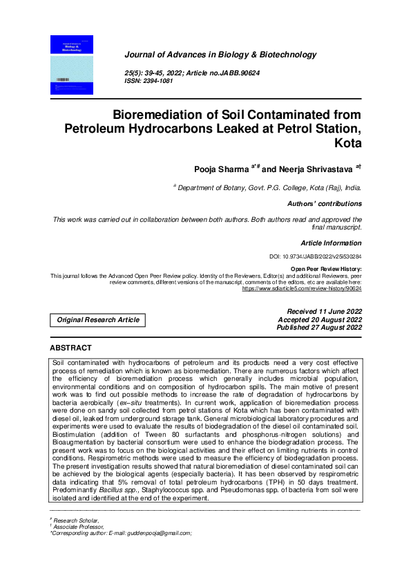 (PDF) Bioremediation of Soil Contaminated from Petroleum Hydrocarbons Leaked at Petrol Station, Kota