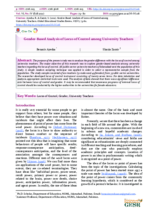 (PDF) Gender-Based Analysis of Locus of Control among University Teachers
