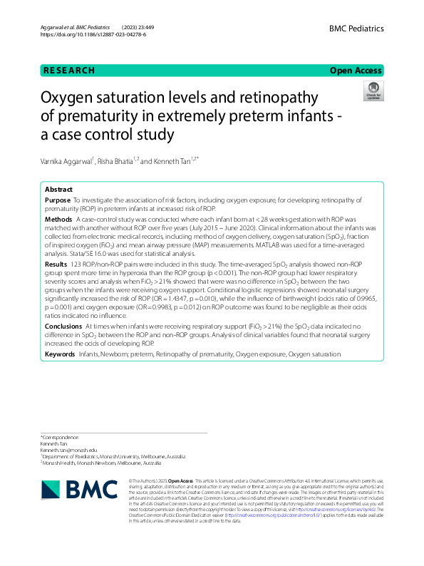 (PDF) Oxygen saturation levels and retinopathy of prematurity in ...