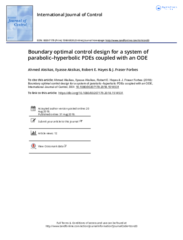 Pdf Boundary Optimal Control Design For A System Of Parabolic Hyperbolic Pdes Coupled With An Ode