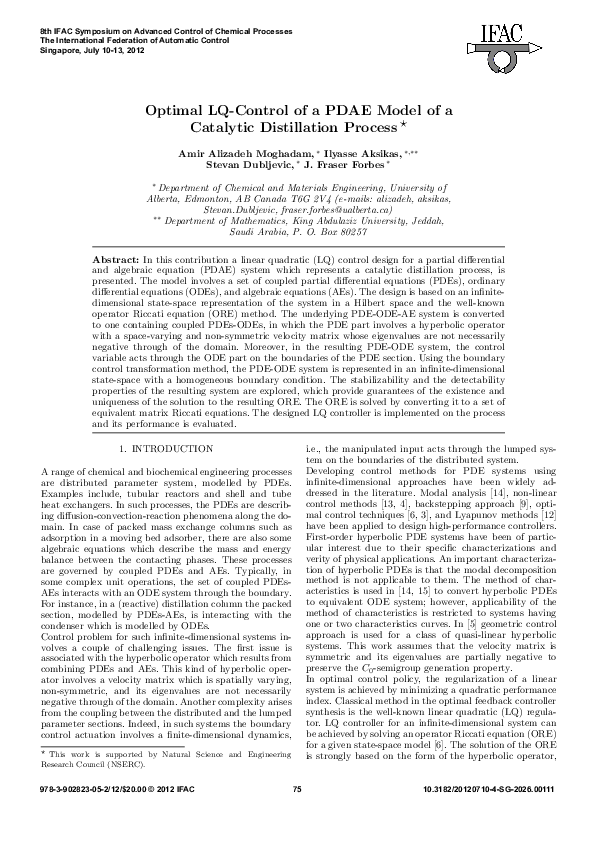 (PDF) Optimal LQ-Control of a PDAE Model of a Catalytic Distillation Process