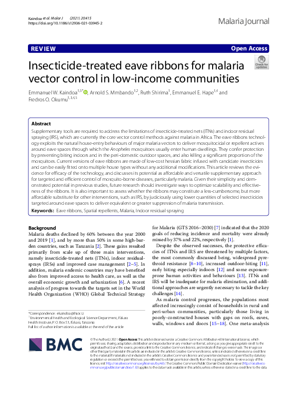 (PDF) Insecticide-treated eave ribbons for malaria vector control in ...