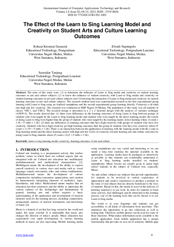 (PDF) The Effect of the Learn to Sing Learning Model and Creativity on Student Arts and Culture ...