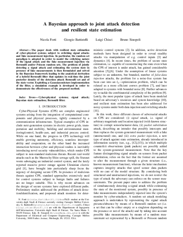 (PDF) A Bayesian approach to joint attack detection and resilient state estimation | Luigi ...