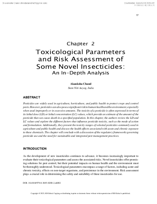 (PDF) Toxicological Parameters and Risk Assessment of Some Novel Insecticides