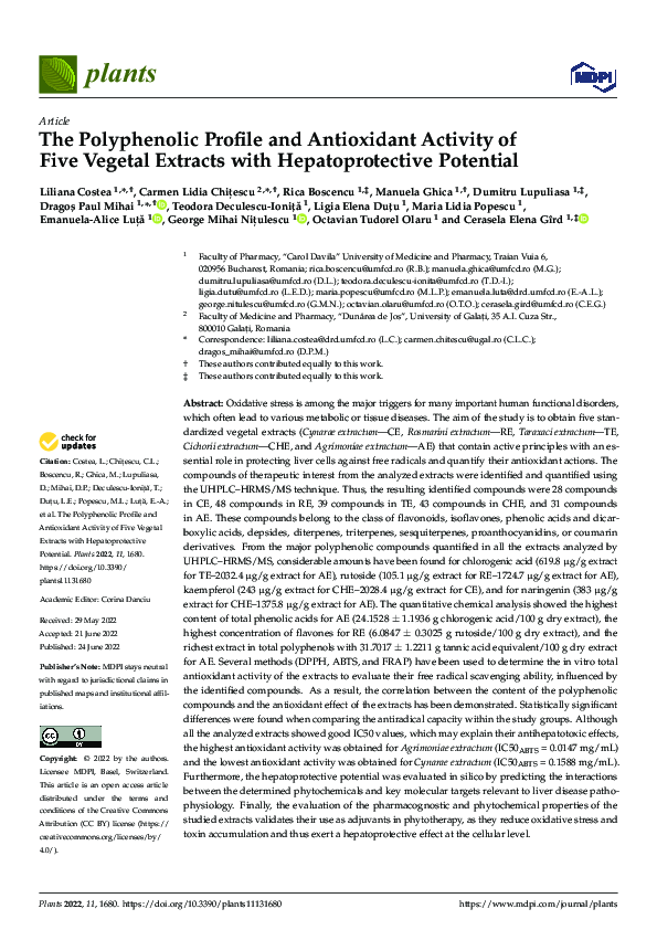 (PDF) The Polyphenolic Profile and Antioxidant Activity of Five Vegetal Extracts with ...
