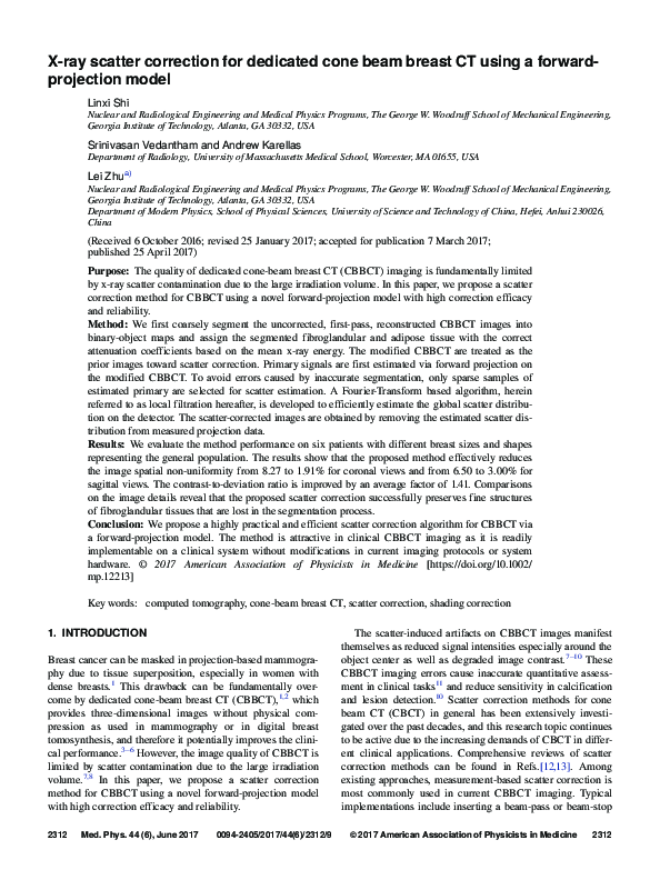 (PDF) X-ray scatter correction for dedicated cone beam breast CT using a forward projection model