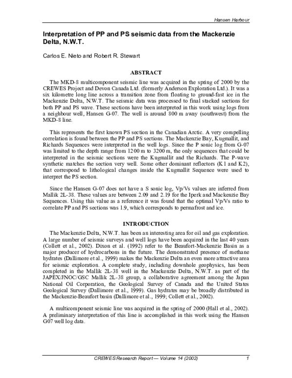 (PDF) Interpretation of PP and PS seismic data from the Mackenzie Delta, NWT
