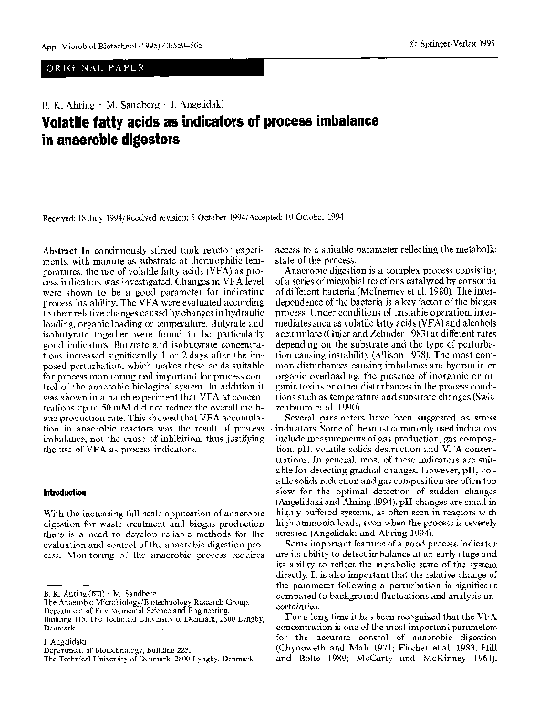 (PDF) Volatile fatty acids as indicators of process imbalance in ...