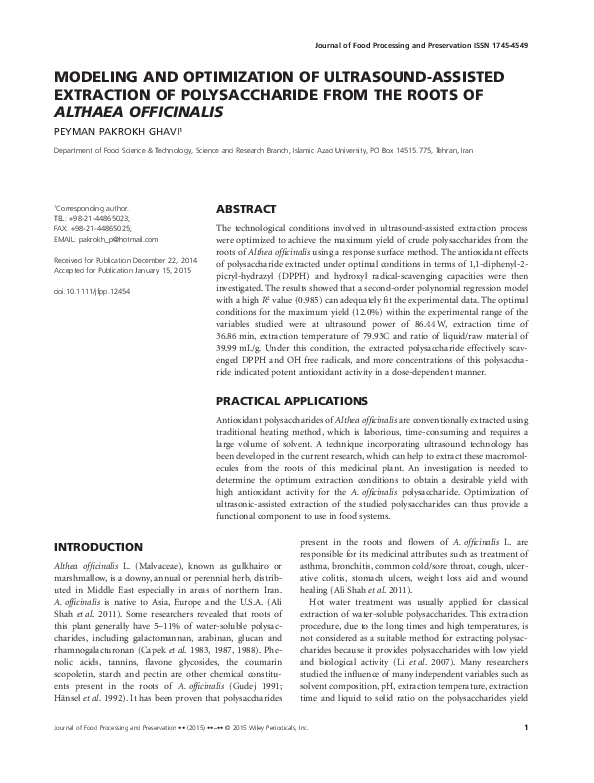 (PDF) Modeling and optimization of ultrasound-assisted extraction of polysaccharide from ...