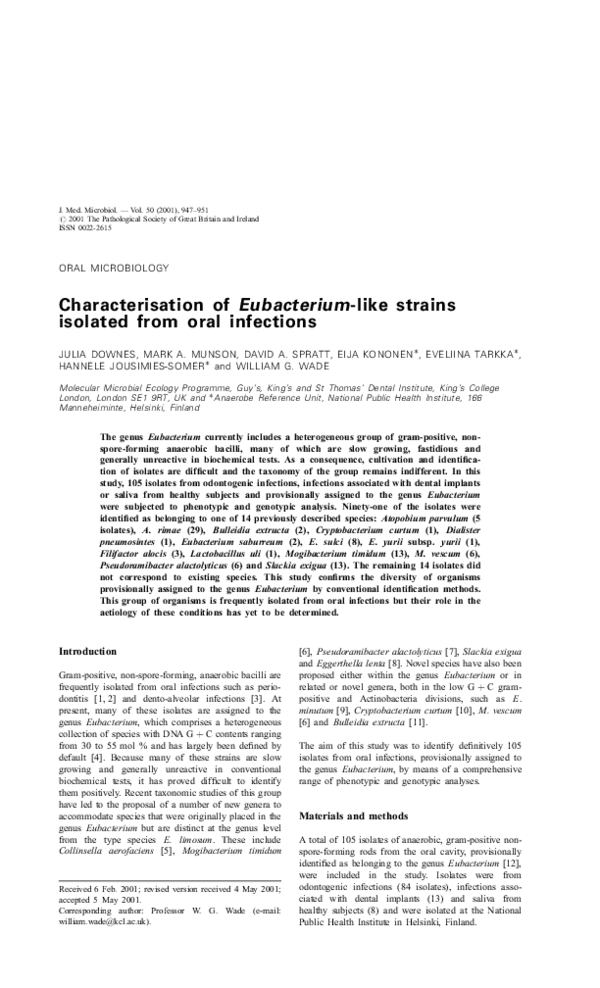 (PDF) Characterisation of Eubacterium-like strains isolated from oral ...