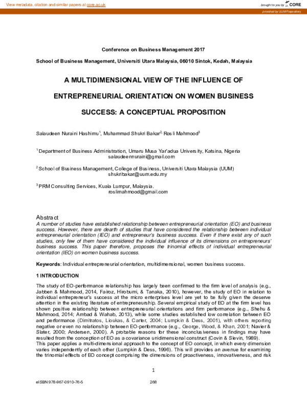 (PDF) A multidimensional view of the influence of entrepreneurial orientation on women business ...