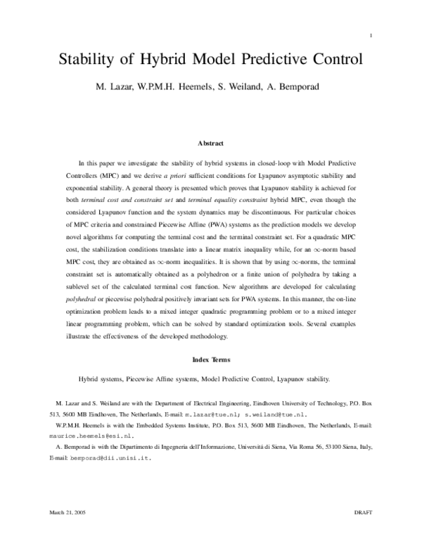 (PDF) Stability of hybrid model predictive control