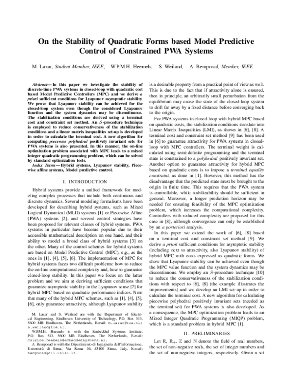 (PDF) On the stability of quadratic forms based model predictive control of constrained PWA systems
