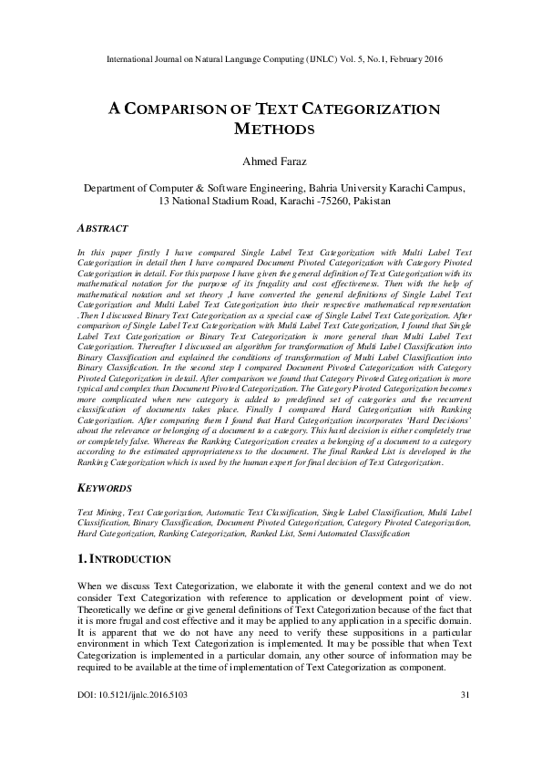 Pdf A Comparison Of Text Categorization Methods Engineer Ahmed F A