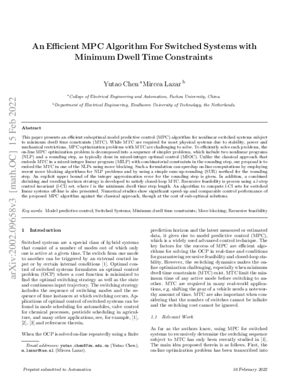 Pdf An Efficient Mpc Algorithm For Switched Systems With Minimum