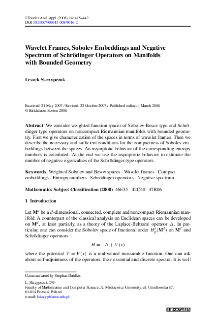 (PDF) Wavelet Frames, Sobolev Embeddings and Negative Spectrum of Schrödinger Operators on ...