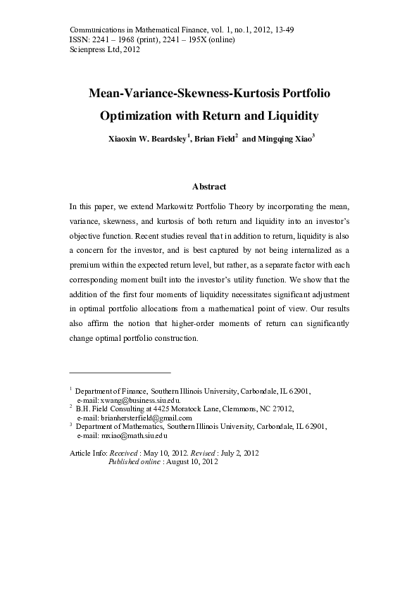 Pdf Mean Variance Skewness Kurtosis Portfolio Optimization With Return And Liquidity