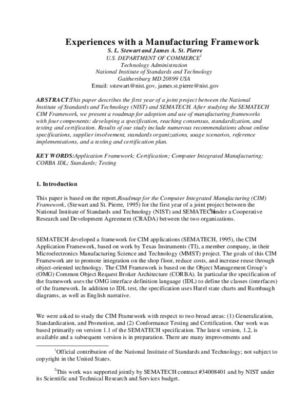 (PDF) Experiences with a Manufacturing Framework