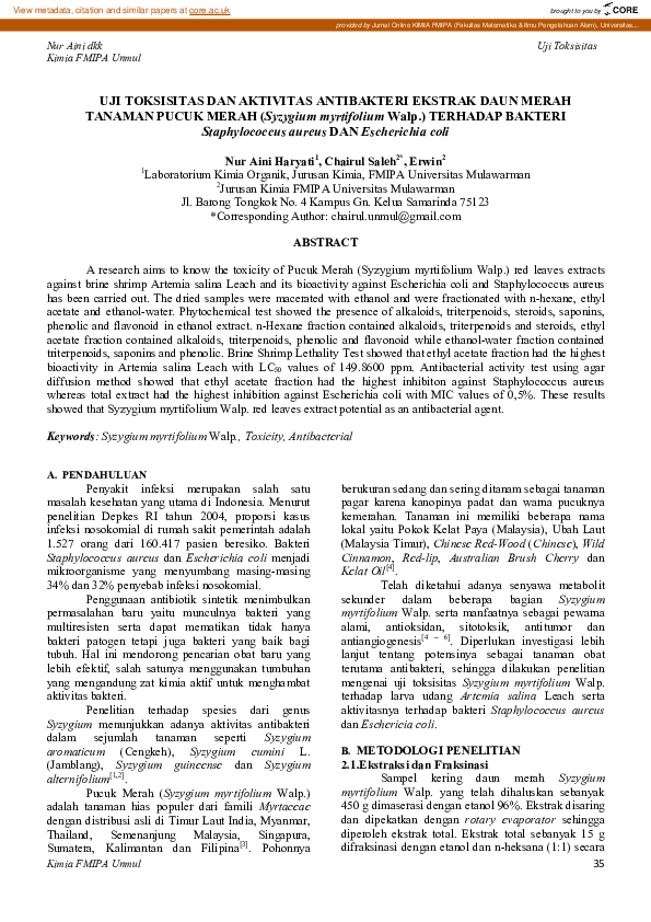 (PDF) UJI TOKSISITAS DAN AKTIVITAS ANTIBAKTERI EKSTRAK DAUN MERAH TANAMAN PUCUK MERAH (Syzygium ...