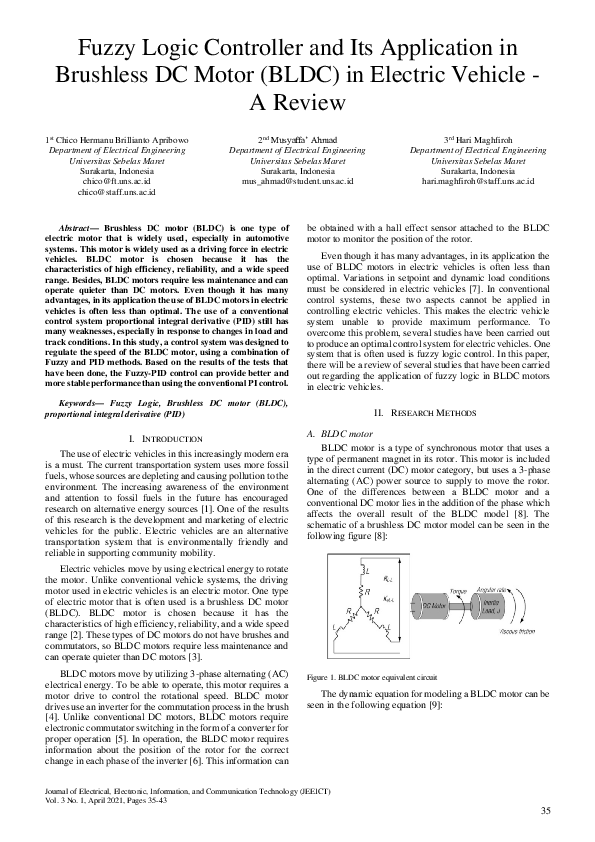 Pdf Fuzzy Logic Controller And Its Application In Brushless Dc Motor Bldc In Electric 