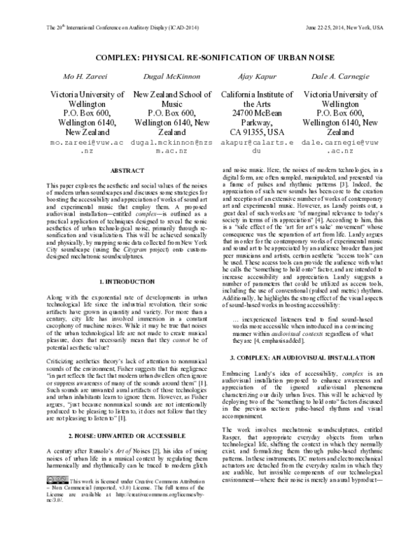 (PDF) Complex: Physical Re-sonification of Urban Noise