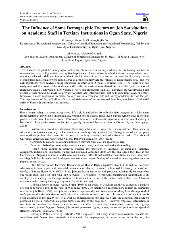 Pdf The Influence Of Some Demographic Factors On Job Satisfaction On