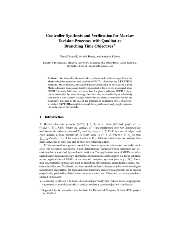 (PDF) Controller Synthesis and Verification for Markov Decision Processes with Qualitative ...