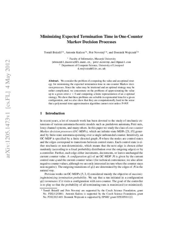 (PDF) Minimizing Expected Termination Time in One-Counter Markov Decision Processes
