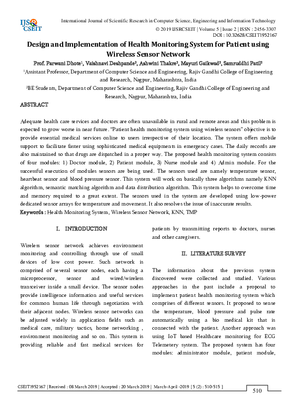 Pdf Design And Implementation Of Health Monitoring System For Patient Using Wireless Sensor