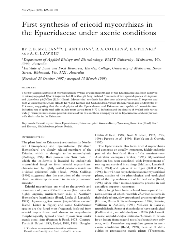 (PDF) First synthesis of ericoid mycorrhizas in the Epacridaceae under ...