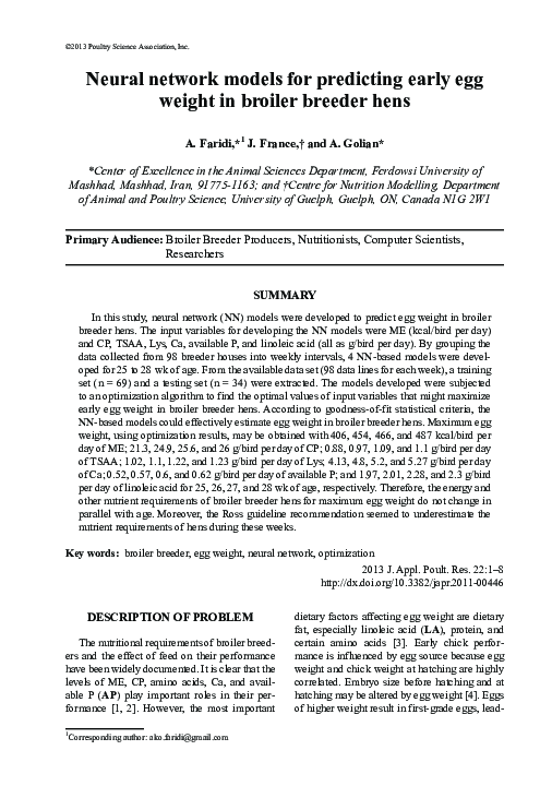 Pdf Neural Network Models For Predicting Early Egg Weight In Broiler Breeder Hens